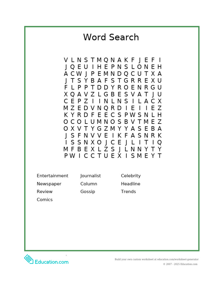 Word Search: Entertainment Journalist Celebrity Newspaper Column ...