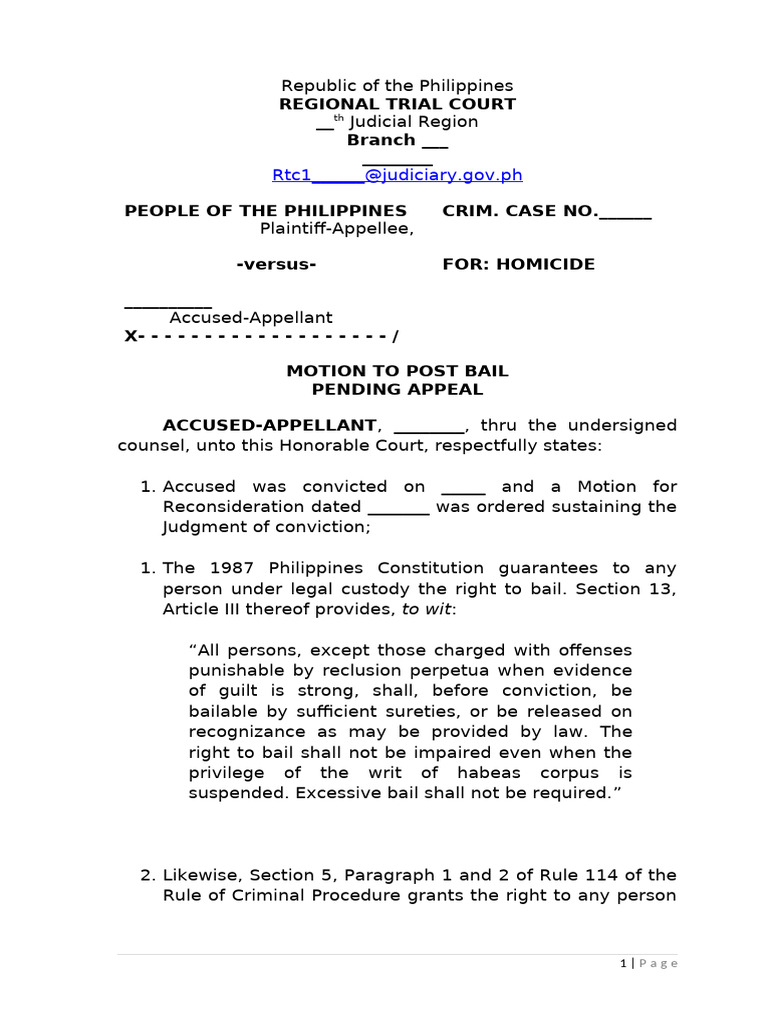 Motion for Bail Pending Appeal | PDF | Bail | Political Law