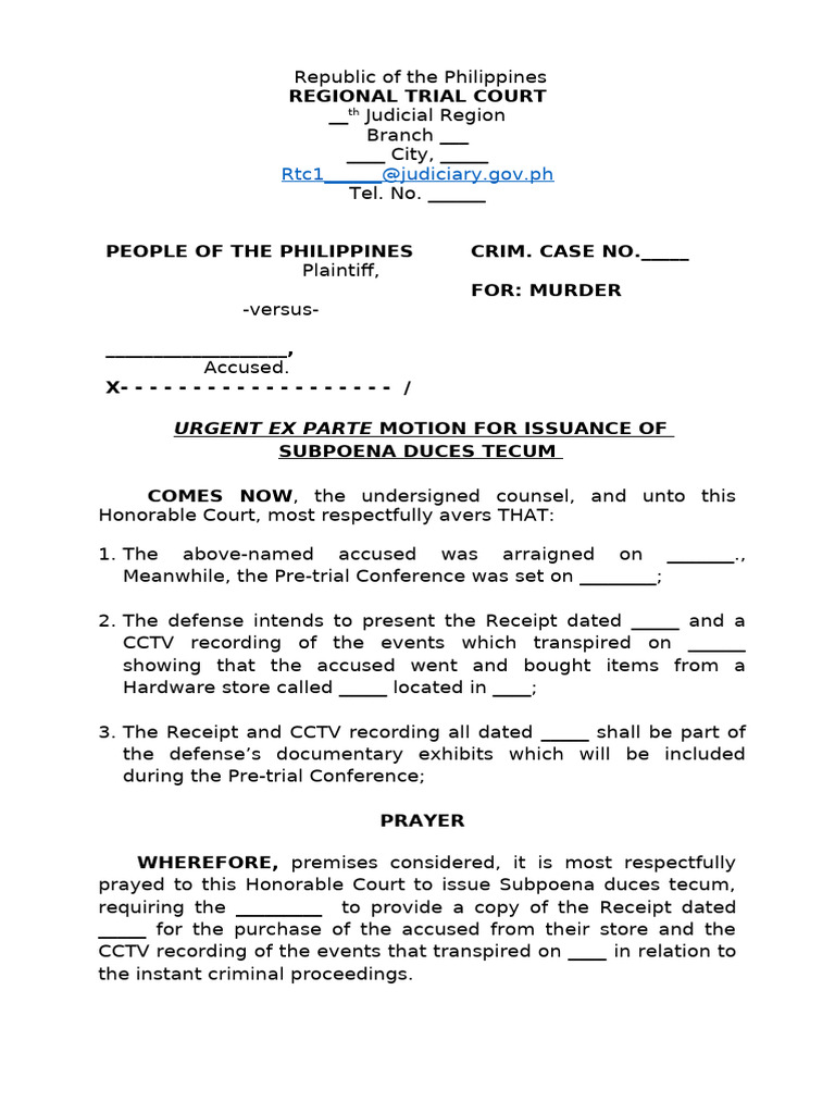 MOTION FOR ISSUANCE OF SUBPOENA DUCES TECUM (SCRIB) | PDF