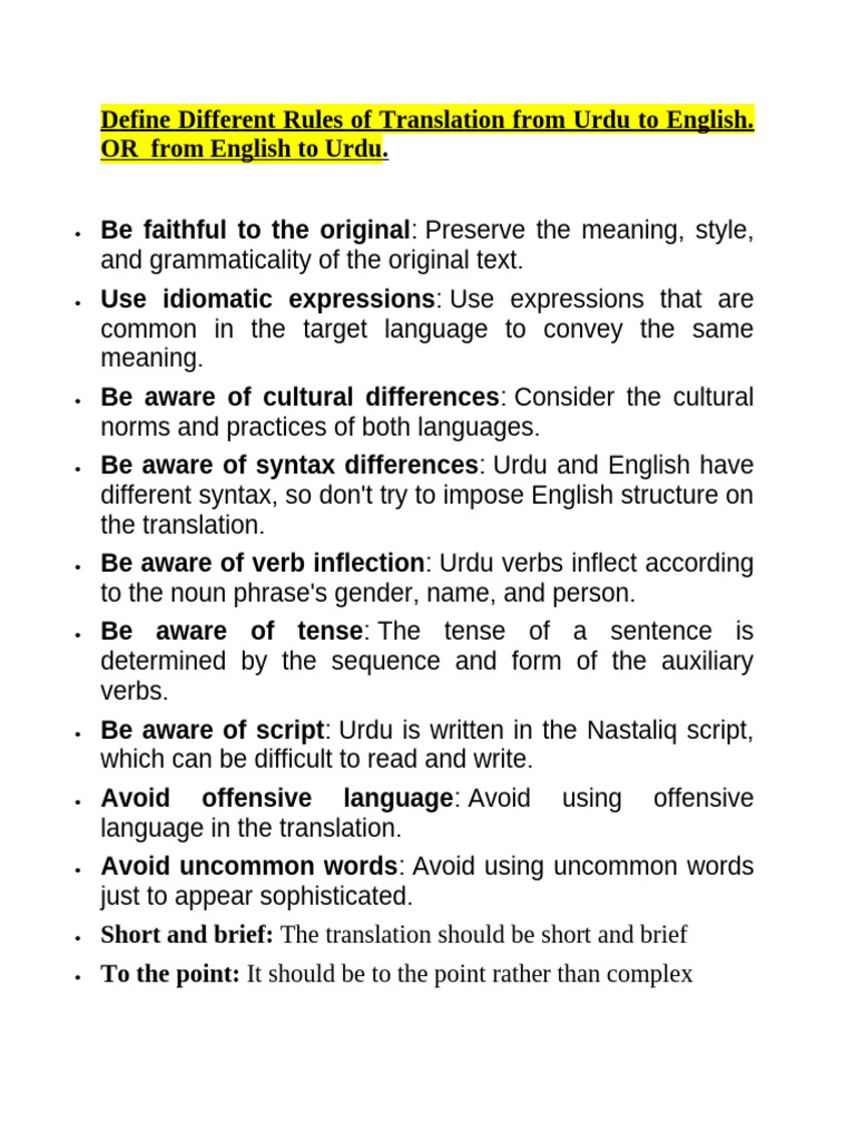 Define Different Rules of Translation From Urdu To English | PDF ...
