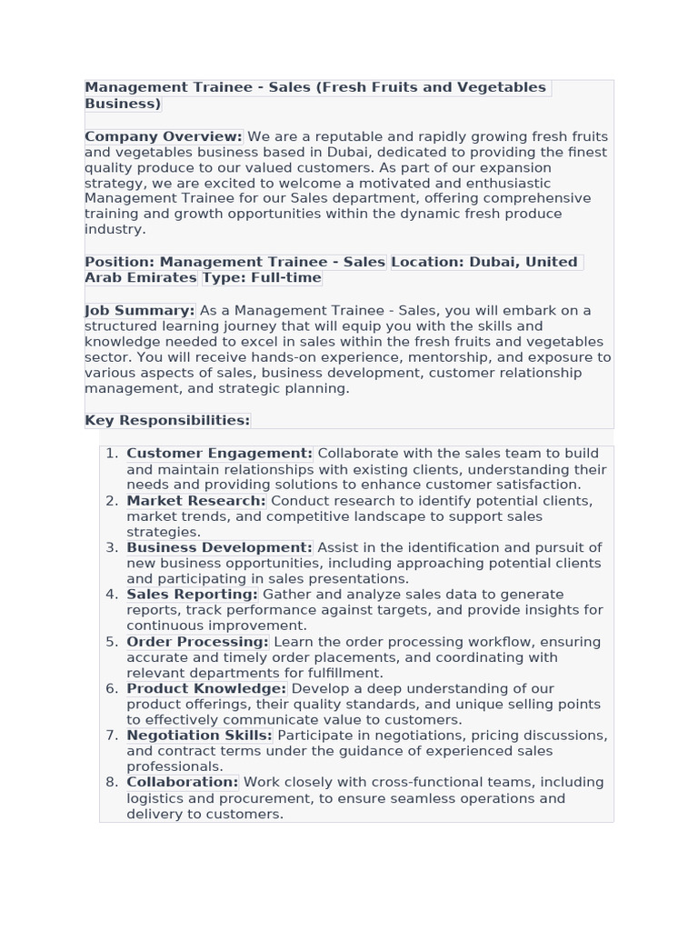 Sales Management Trainee - Taaza (1) (1) | PDF | Sales | Employee Retention