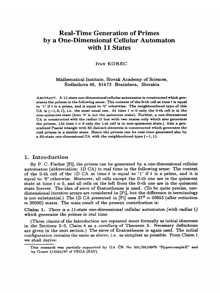 KOREC - Real Time Generation of Primes by One Dimensional Cellular ...
