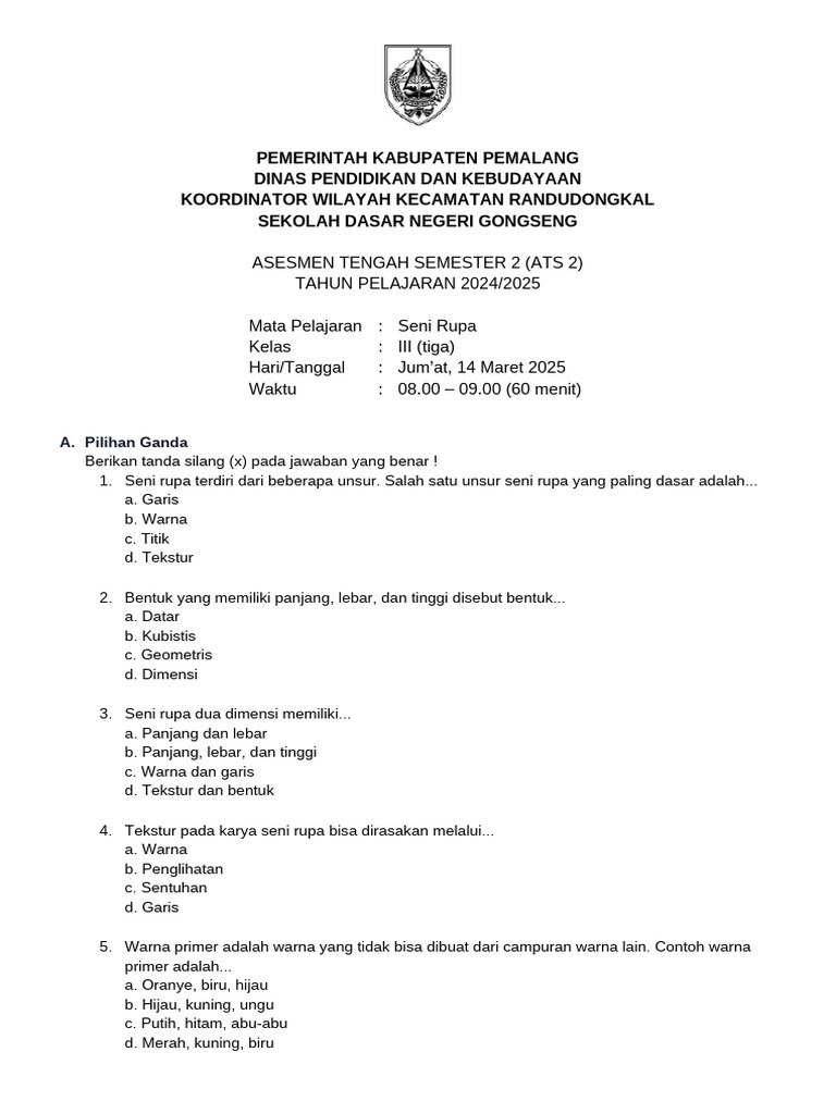 ATS 2 2024_2025 Seni Rupa Kelas 3 | PDF