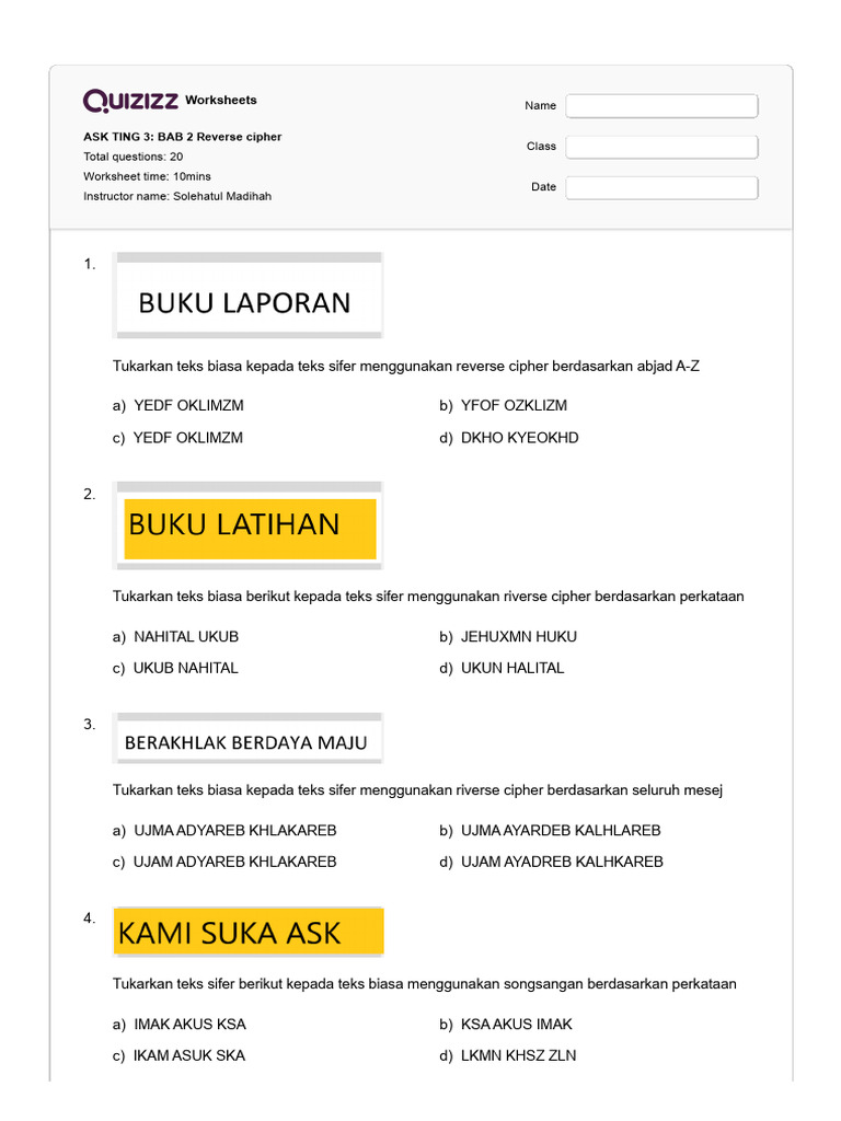 ASK TING 3 - BAB 2 Reverse Cipher - Quizizz | PDF