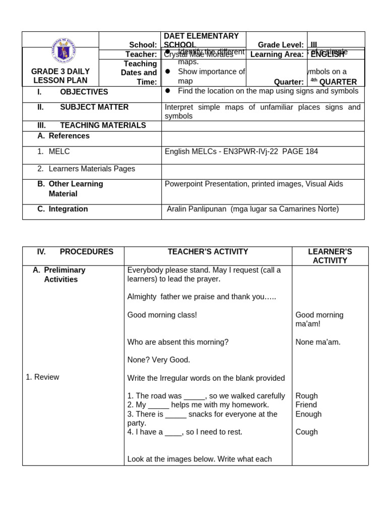 Lesson Plan in English 3 (Morales) | PDF | Symbols | Learning
