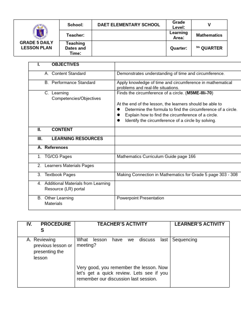 Grade 6 Daily Lesson Plan (Morales) | PDF | Circle | Pi