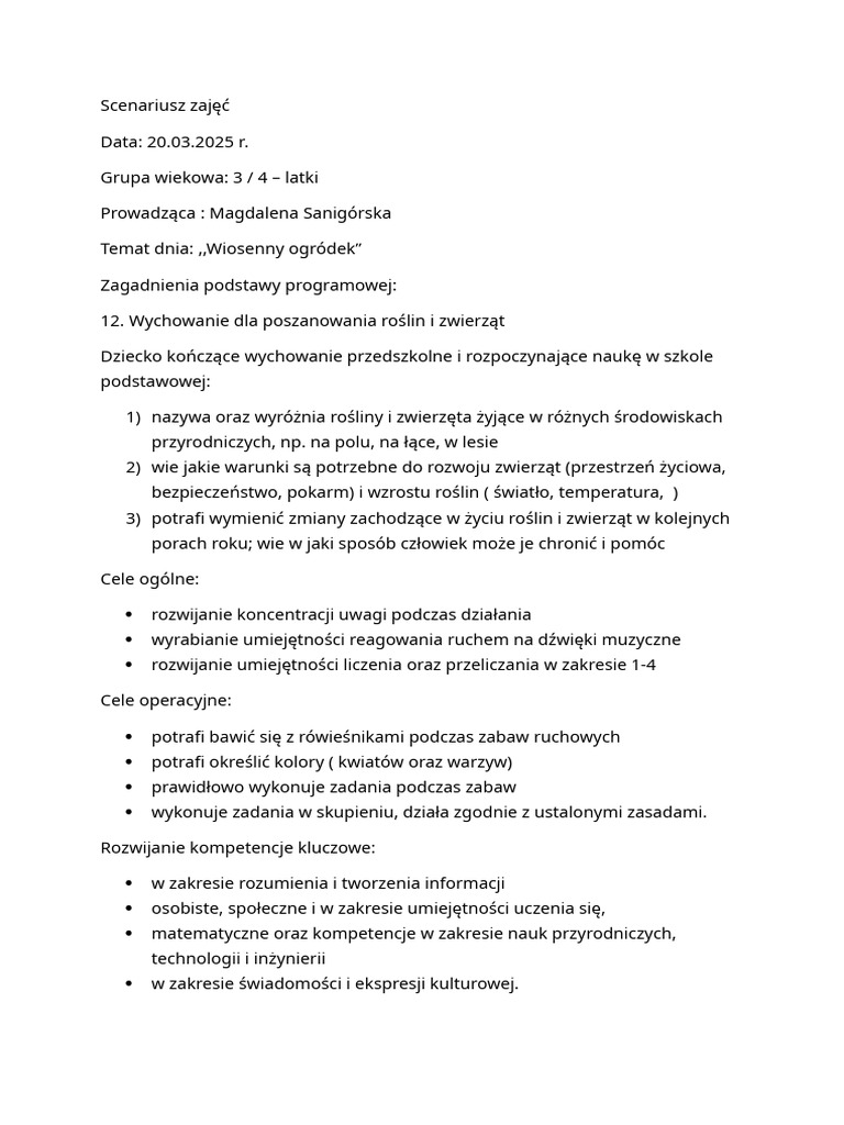 Scenariusz Zajęć - Obserwacja Metodyczna - Marta | PDF