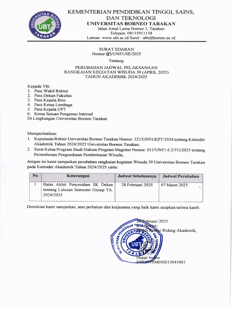 807 Perubahan Jadwal Pelaksanaan Rangkaian Kegiatan Wisuda 39 (April ...
