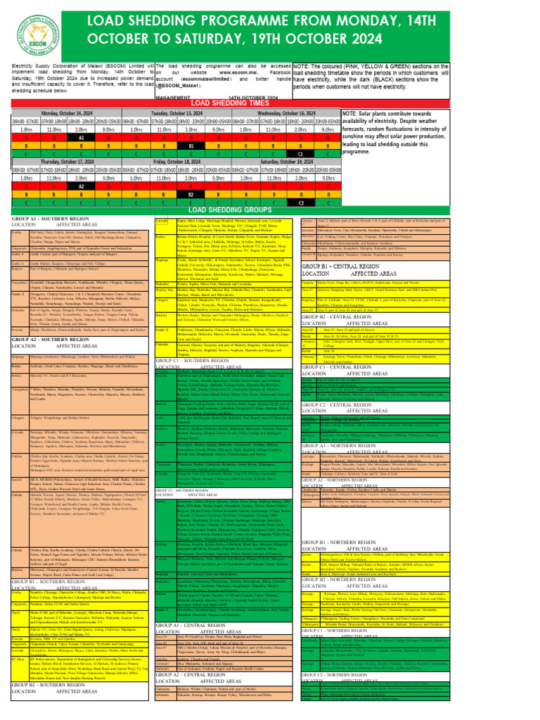 Load Shedding Programme From Monday 14th October To Saturday 19th ...