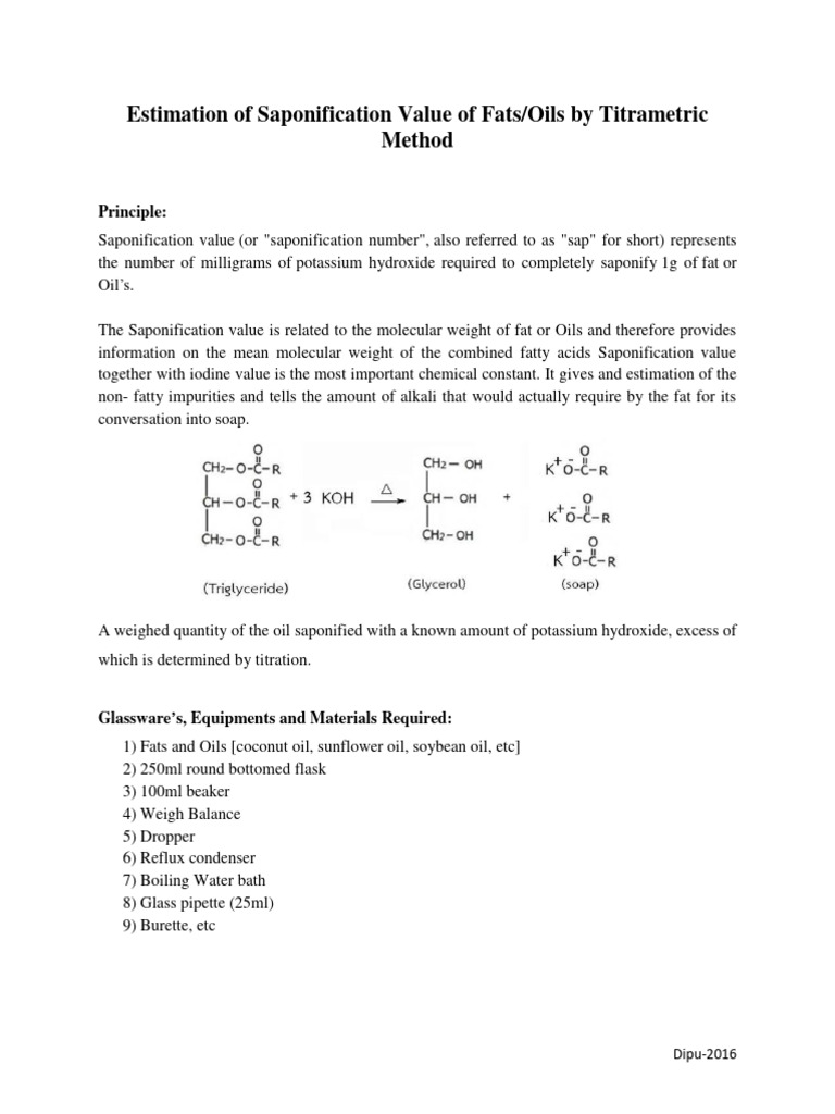 Procedure Sheet - Saponification Value | PDF | Chemistry | Chemical ...