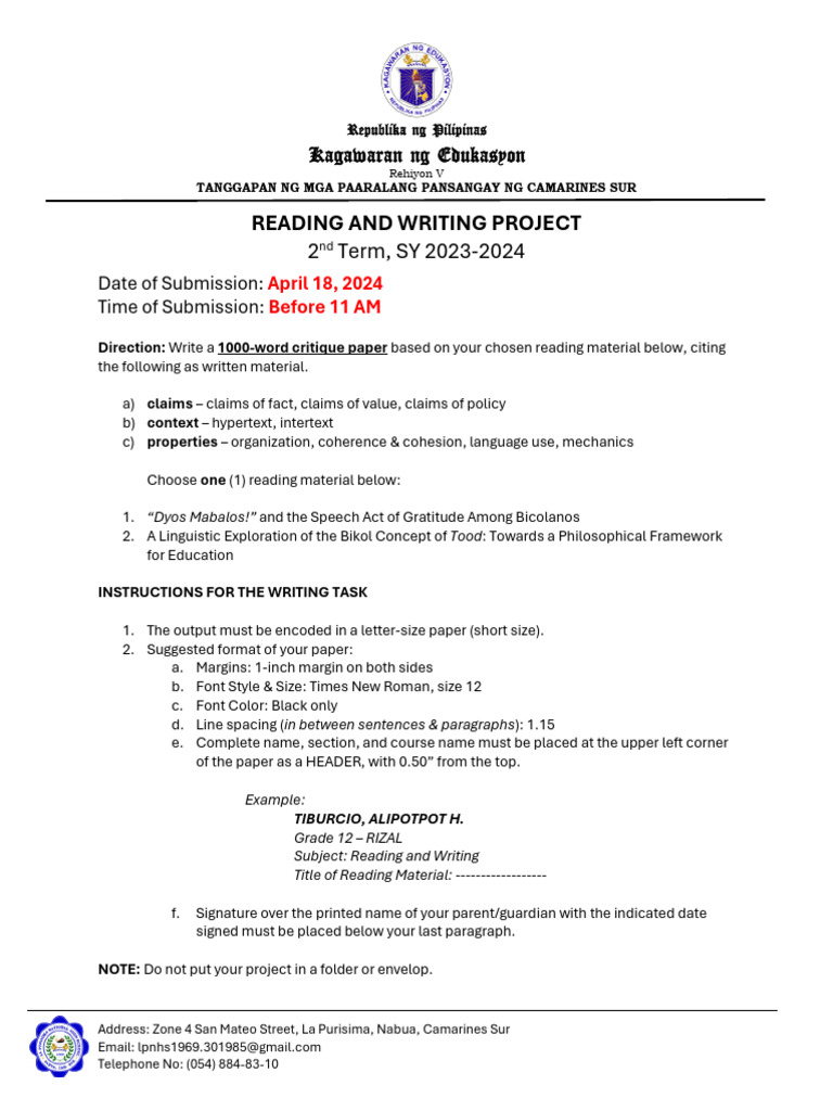 Reading-Writing-Project-for-2nd-Term (1) | PDF