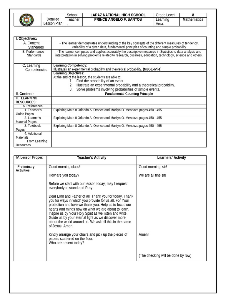 A Detailed Lesson Plan in Mathematics 8 - Probability of An Event | PDF ...
