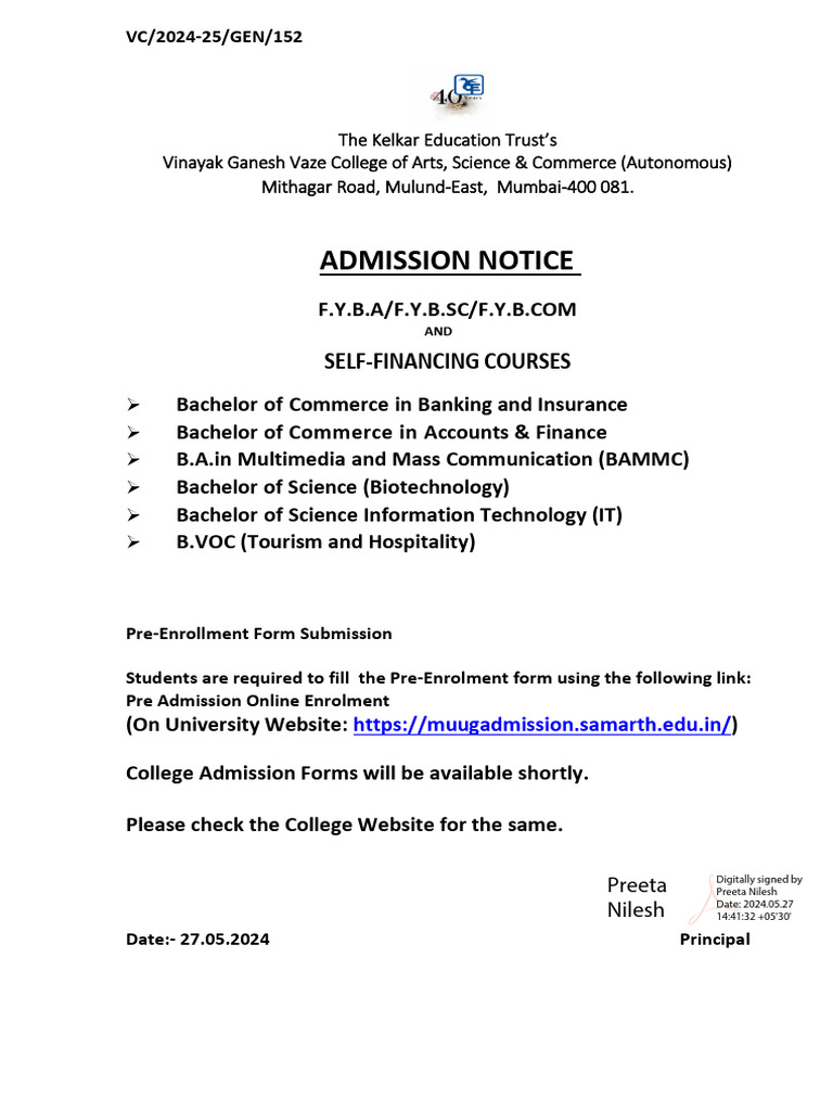 Kelkar College Admission Notice 2024-25 | PDF