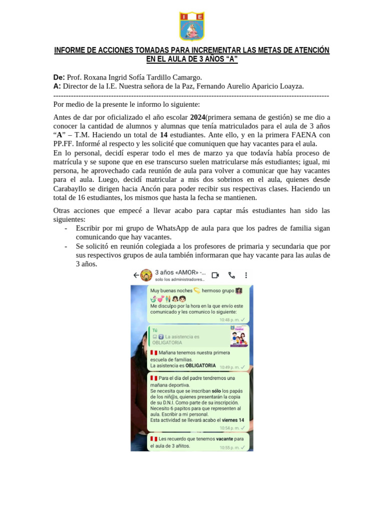 Informe de Acciones Tomadas para Incrementar Las Metas de Atención en El Aula de 3 Años | PDF