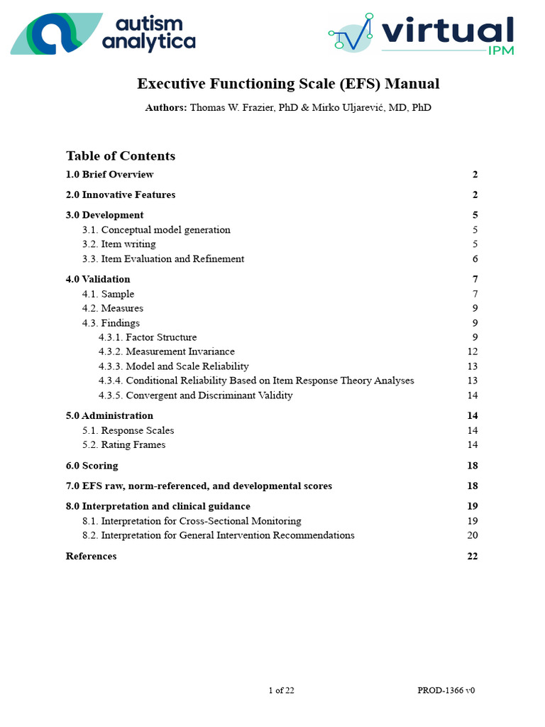PROD-1366 Executive Functioning Scale (EFS) Manual (1) | PDF | Executive Functions | Emotional ...