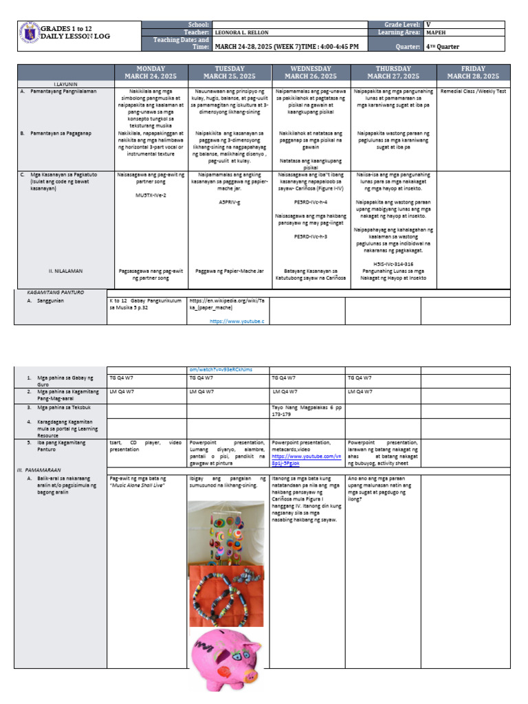 DLL - Mapeh 5 - Q4 - W7 | PDF