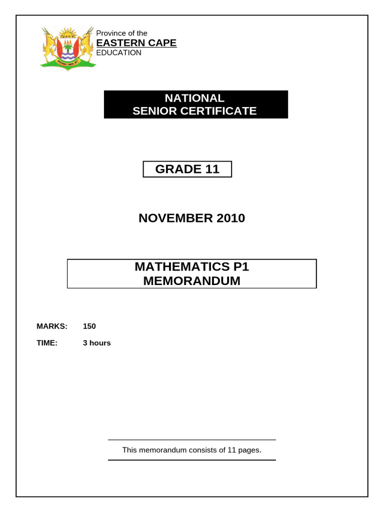MATH P1 Gr11 MEMO ENG Nov2010 | PDF | Mathematics