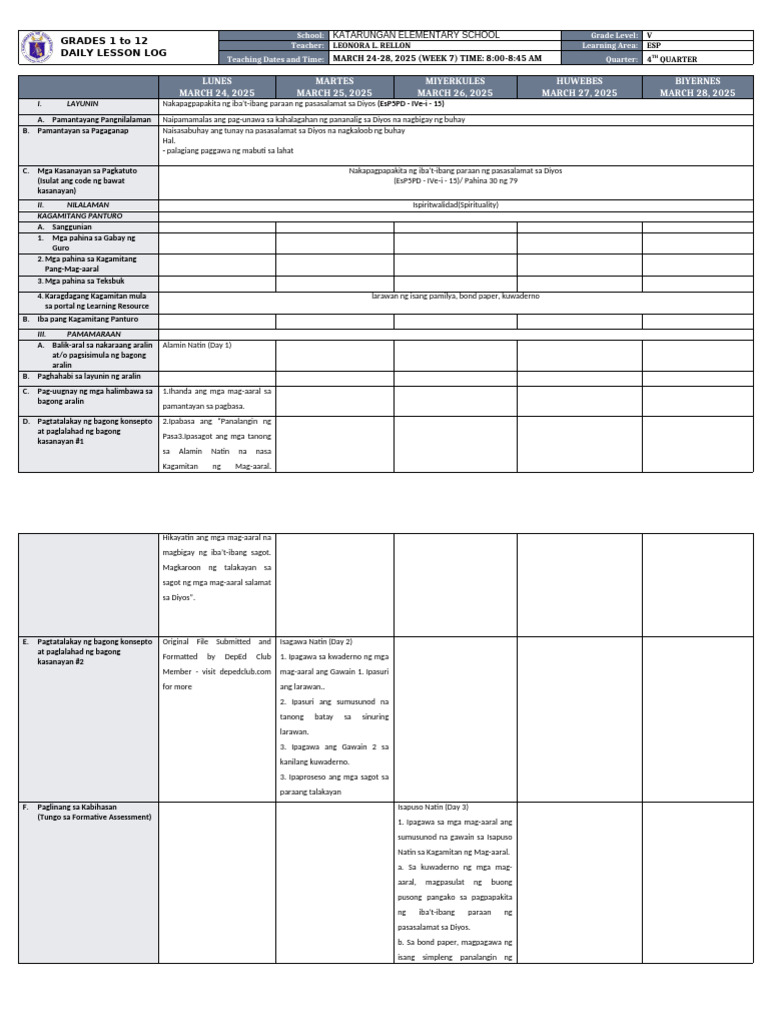 DLL - Esp 5 - Q4 - W7 | PDF | Differentiated Instruction | Learning