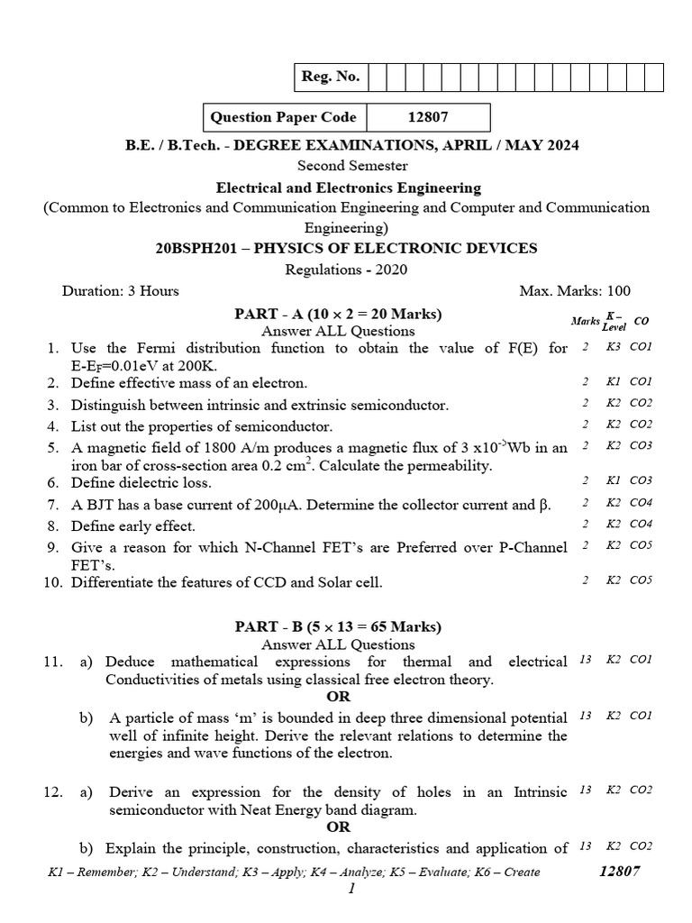 Physics of Electronic Devices Exam 2024 | PDF | Field Effect Transistor ...
