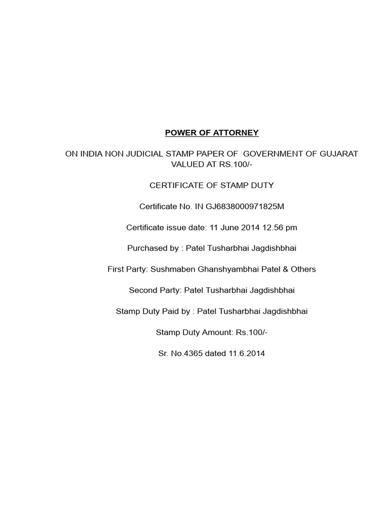 POWER OF ATTORNEY - 1 - PATEL TUSHARBHAI 11062014 | PDF | Common Law ...