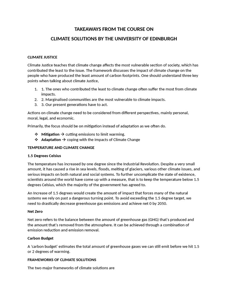 Climate Solutions Course Takeaways | PDF | Climate Change Mitigation ...