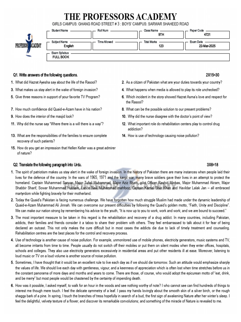 English Full Book Test 9th Class Last Test 23032025 | PDF | Muhammad ...