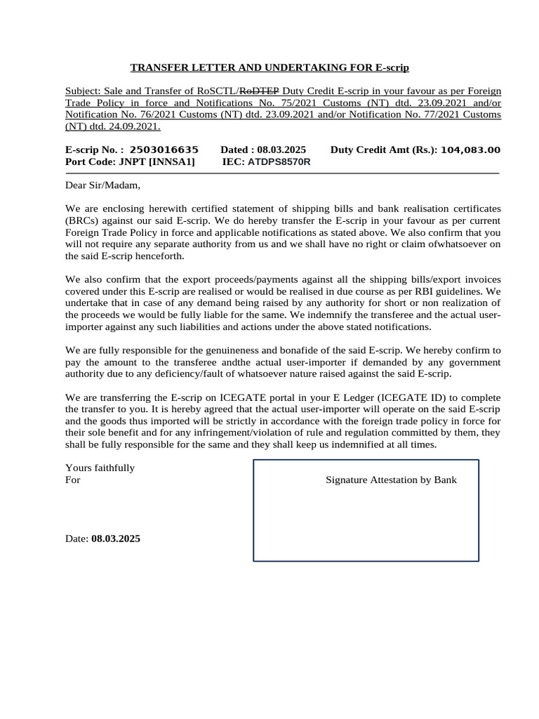 RoDTEP E-scrip Transfer Agreement | PDF