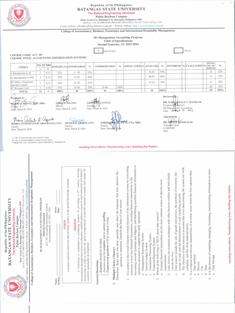 BSMA Midterm and TOS ACC 207 2nd Sem 2023 2024 | PDF