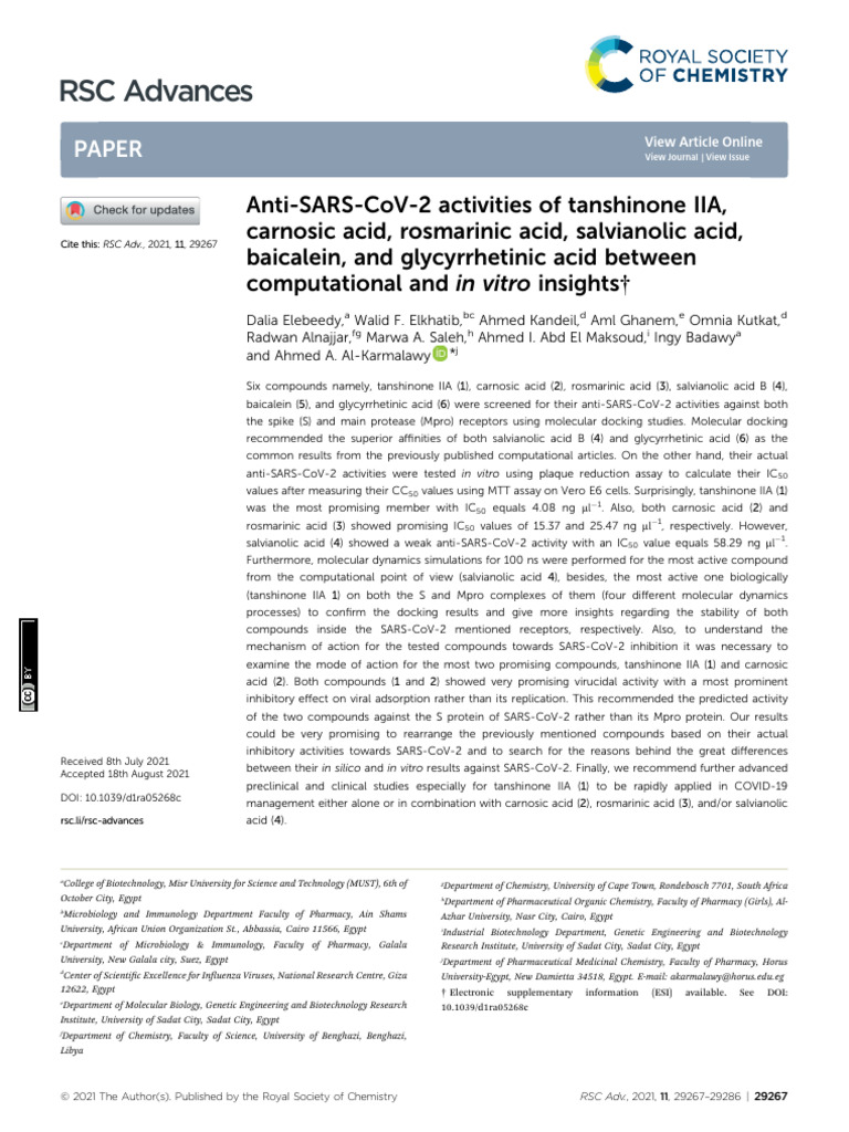 An-Anti-SARS-CoV-2 Activities of Tanshinone IIA, Carnosic Acid, Rosmarinic Acid, Salvianolic ...