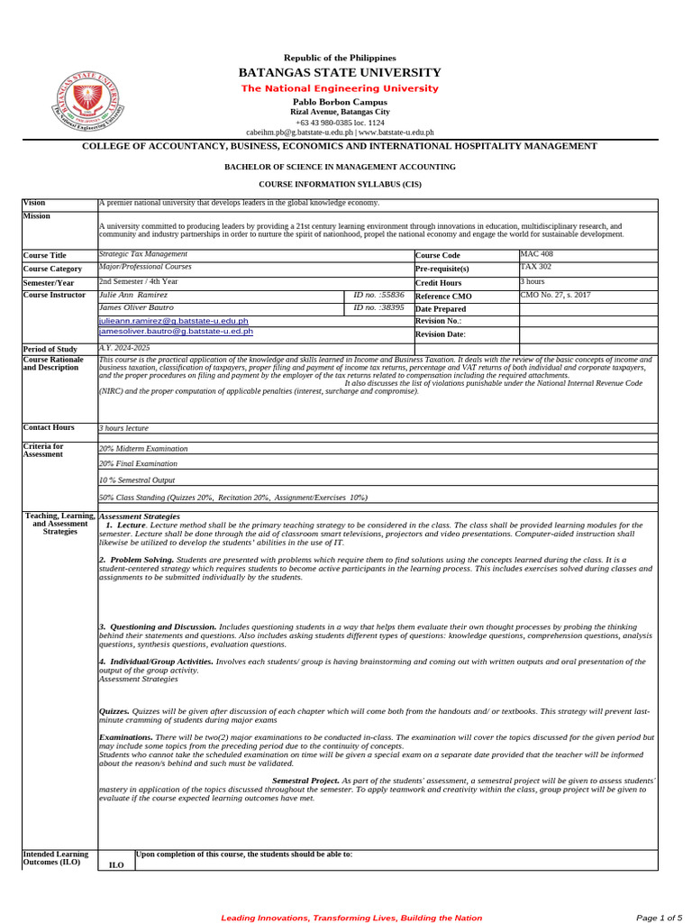 MAC 408 Strategic Tax Management 2nd Semester 2024-2025 | PDF | Taxes | Value Added Tax