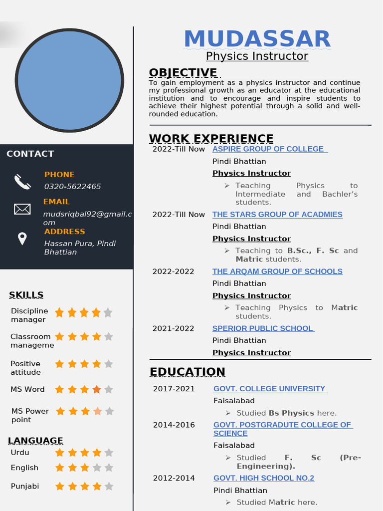 Physics Instructor Resume - Mudassar Iqbal | PDF | Learning