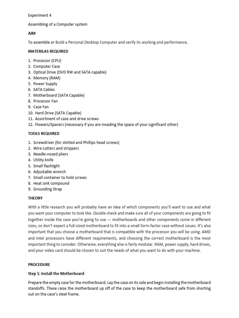 CHN Lab - Exp - Assembling of A Computer System | PDF | Computer Science | Personal Computers