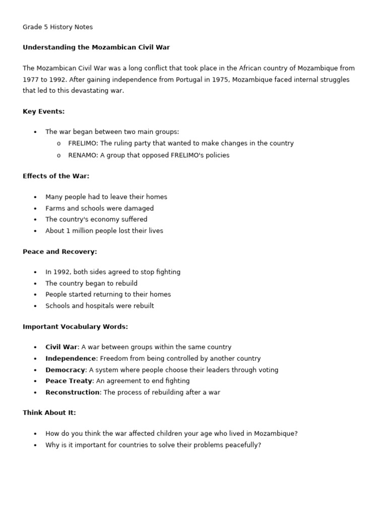 Grade 5 History Mozambique Civil War | PDF