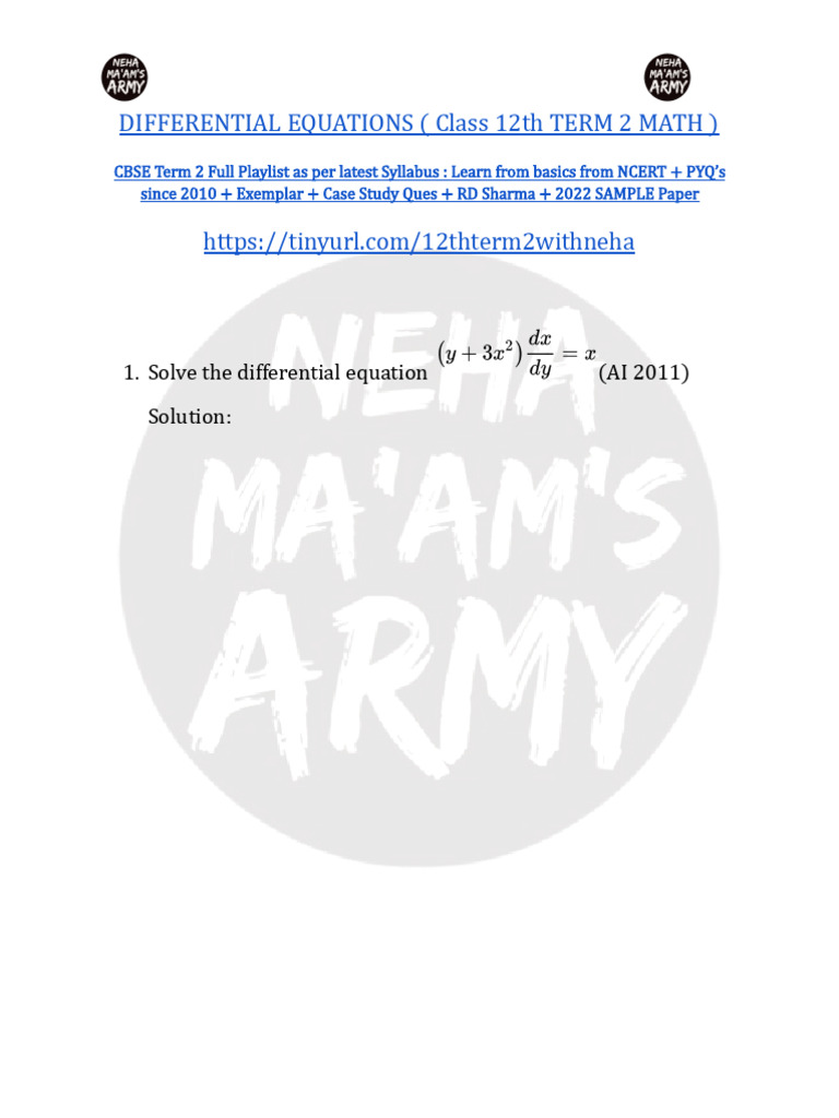 Cbse Class 12th _ Differential Equations Term - II Worksheet -Q&A (1) | PDF