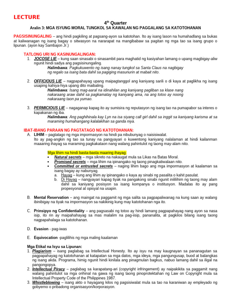 Aralin 3 - Mga Isyung Moral Tungkol Sa Katotohanan - Lecture | PDF