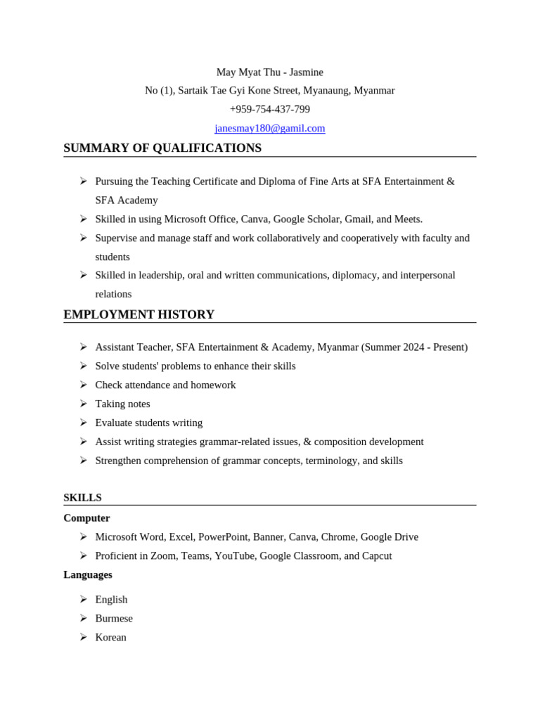 May Myat Thu - Resume 2025 (SFA) | PDF | Learning | Human Communication