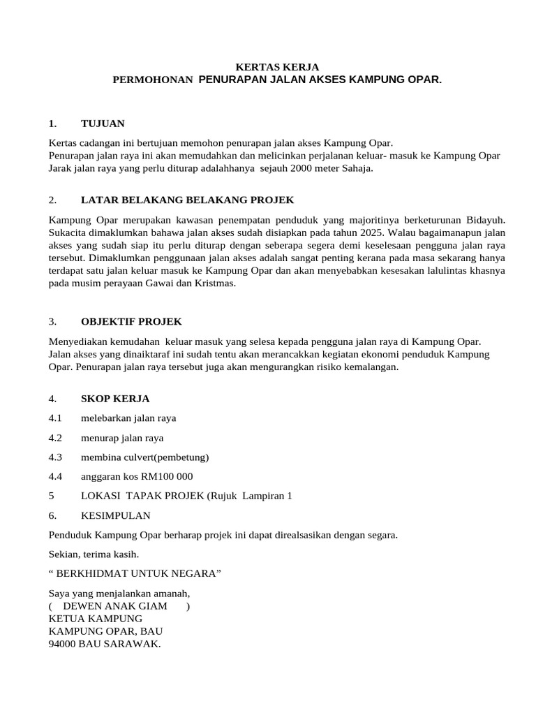 Kertas Kerja Permohonan Menurap Jalan Akses Kampung Opar | PDF