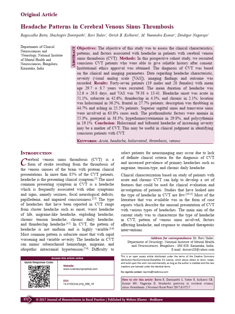 Headache Patterns in CVT Patients | PDF | Headache | Thrombosis