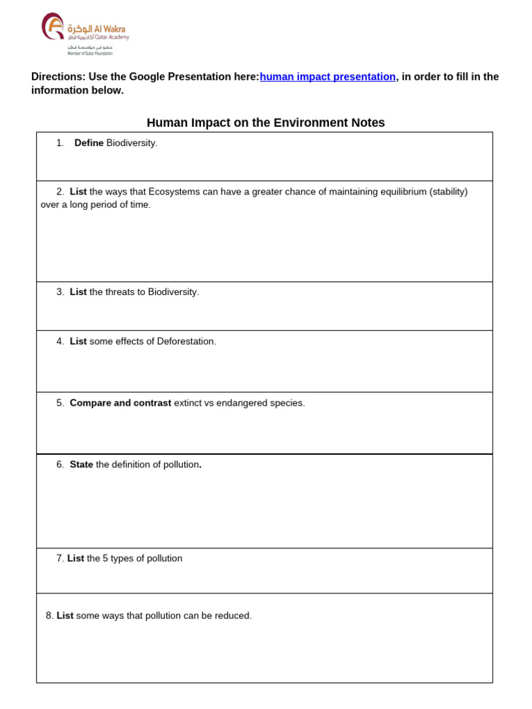 Human Impact on the Environment Notes | PDF