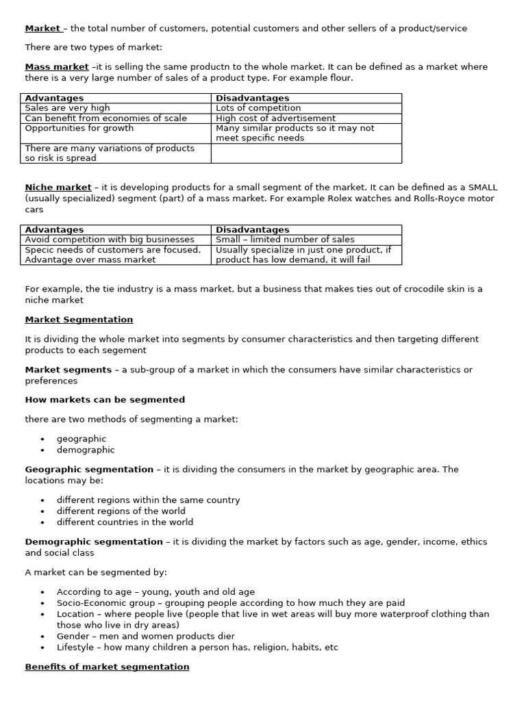 Niche and Mass Market Grade 8 | PDF | Market Segmentation | Market ...