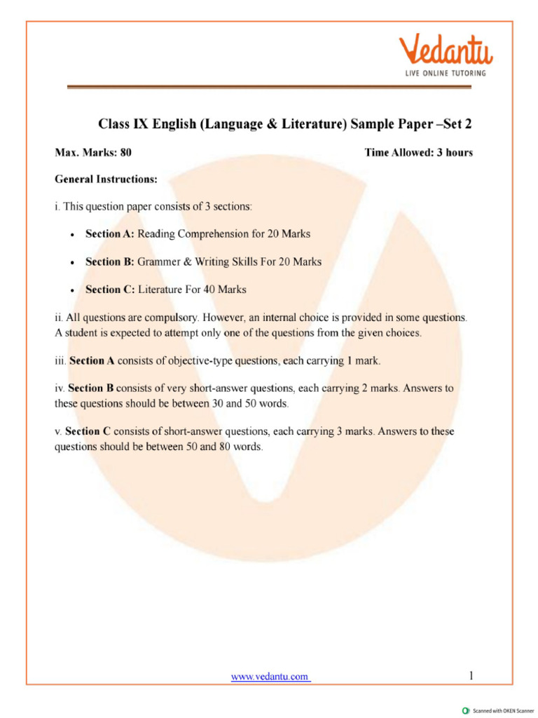 CBSE Class 9 English (Language & Literature) FREE Sample Paper Set 2 | PDF