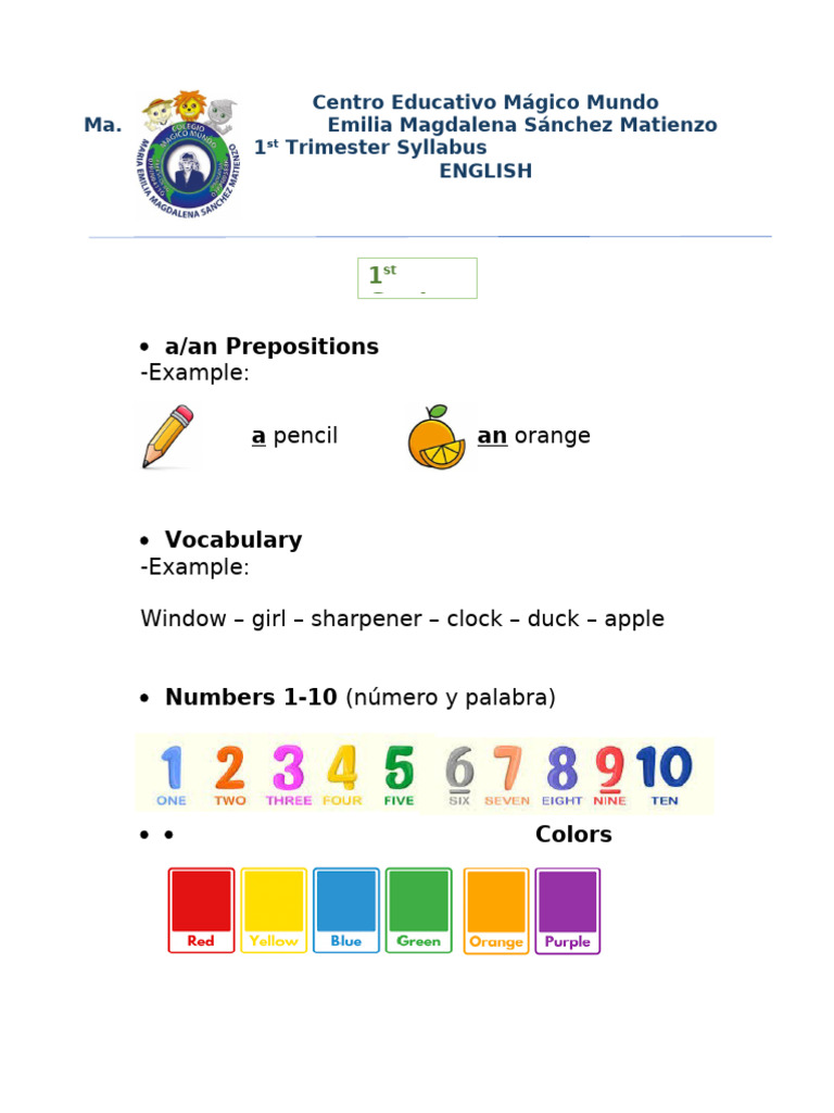 1st Grade Syllabus | PDF