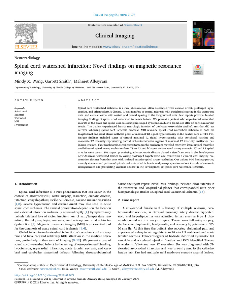 Spinal Cord Watershed Infarction MRI Findings | PDF | Ischemia ...
