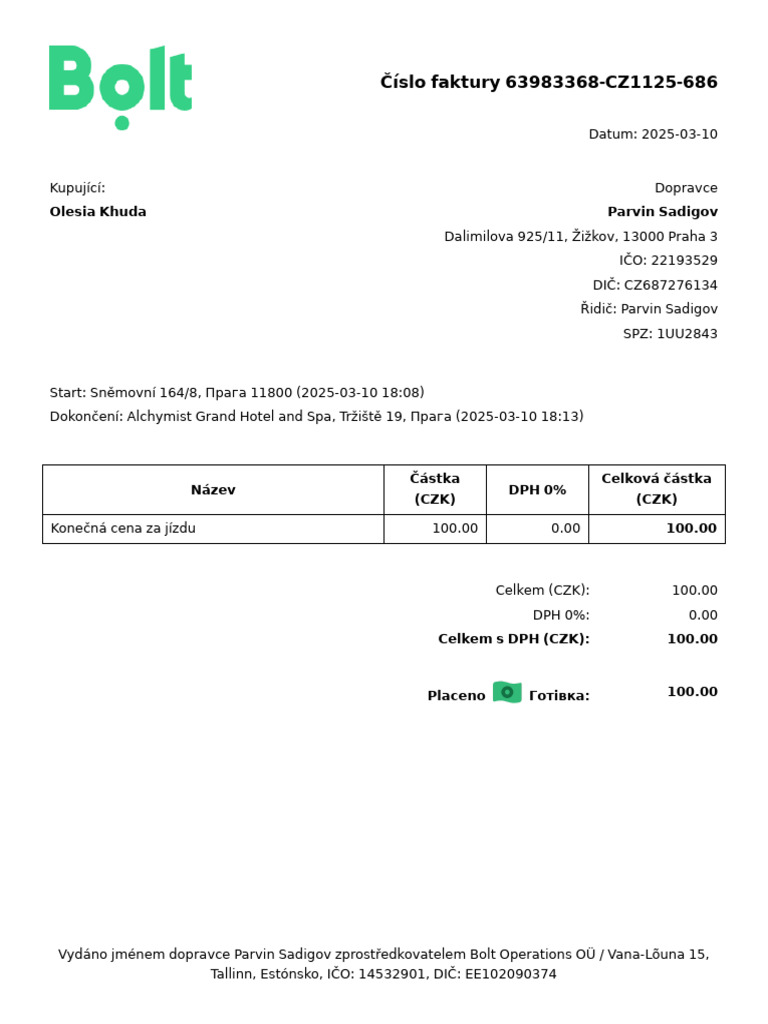 Ride Invoice From Bolt | PDF
