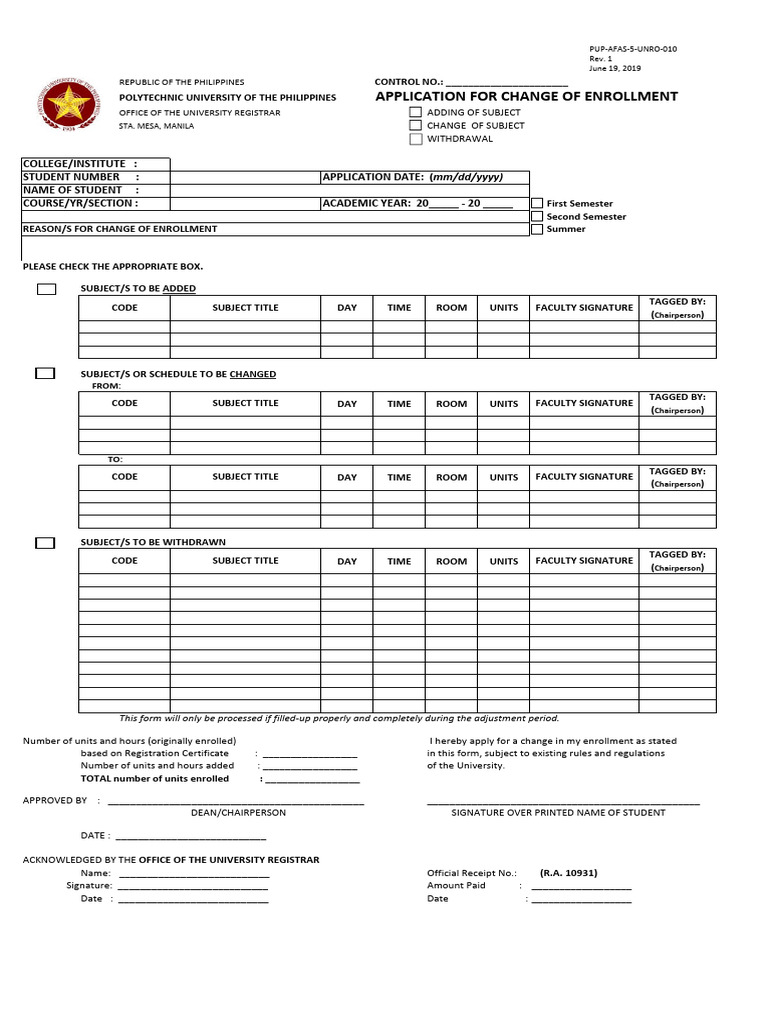 PUP ACE Form For Adding of Subjects | PDF
