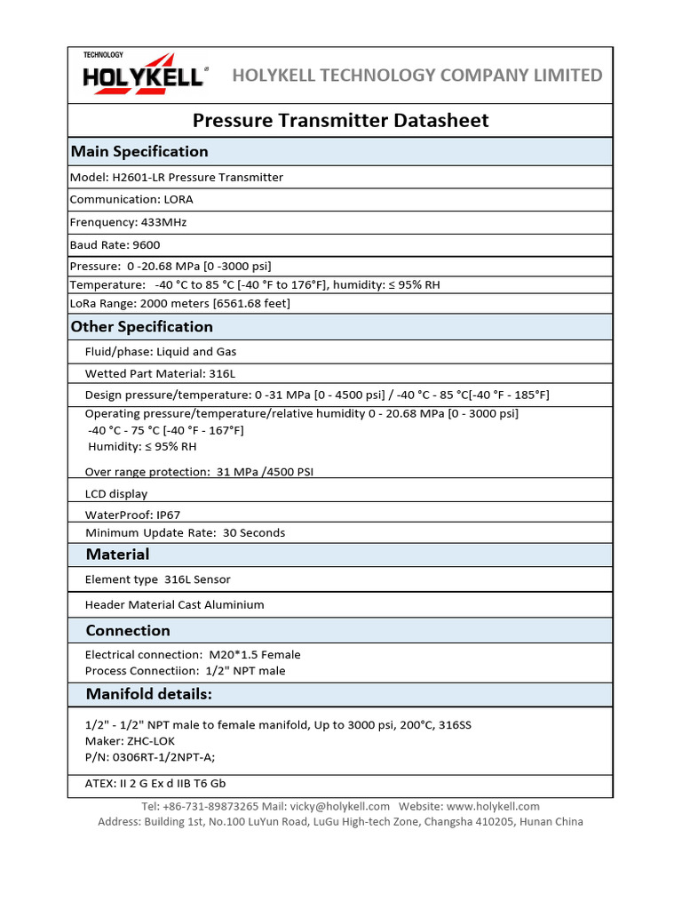 Pressure Transmitter Datasheet V23.12-Holykell 2 | PDF