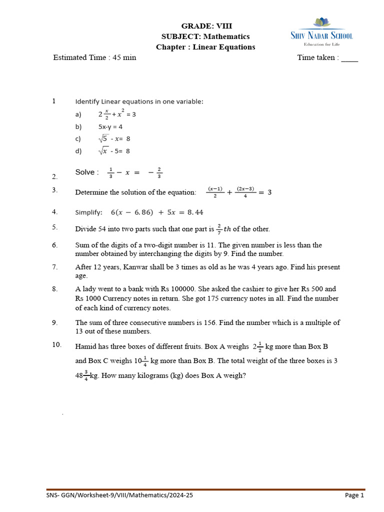 _G8-WS9-Rational Linear Equations .Docx (2) (1) | PDF | Equations ...