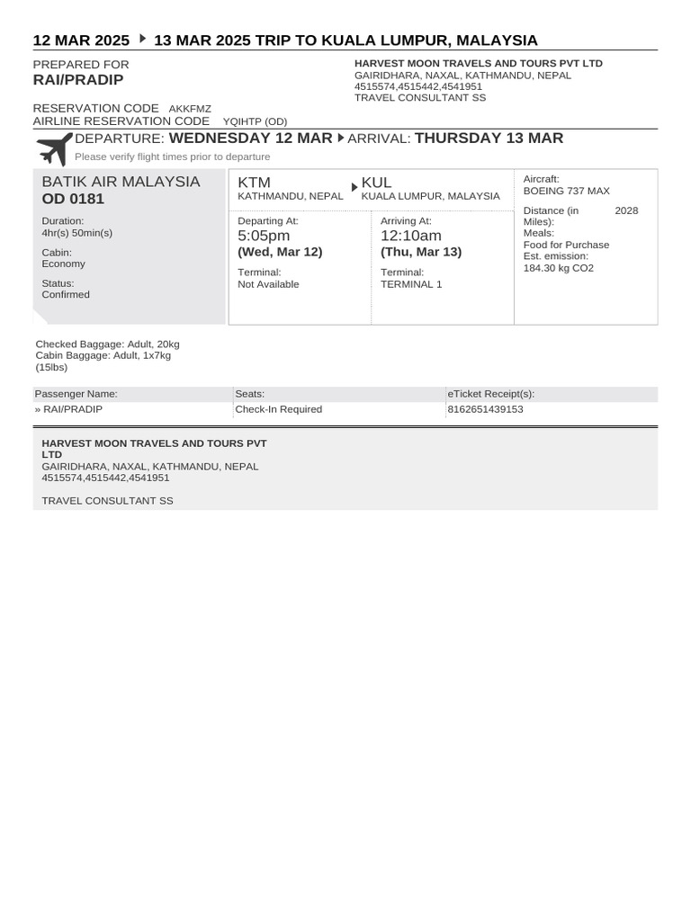 Travel Reservation March 12 For PRADIP RAI | PDF