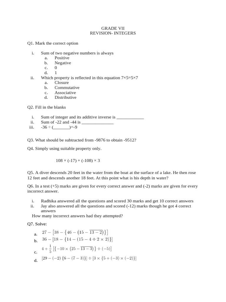 Revision - Integers HY GRADE VII | PDF