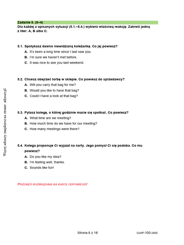 Egzamin Osmoklasisty Jezyk Angielski 2024 | PDF